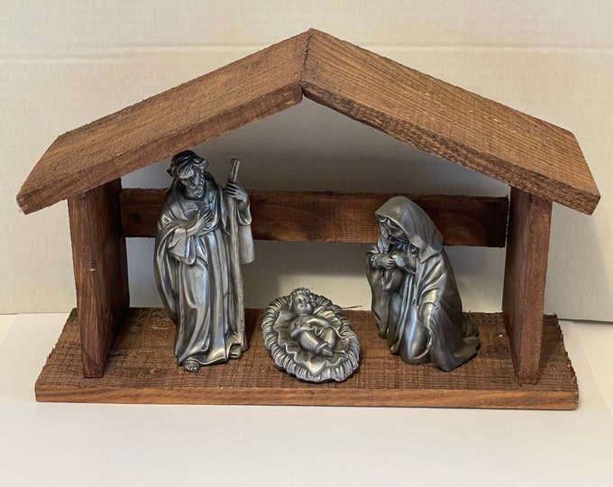 Pewter Nativity Set With Wood Manger Vintage - Etsy