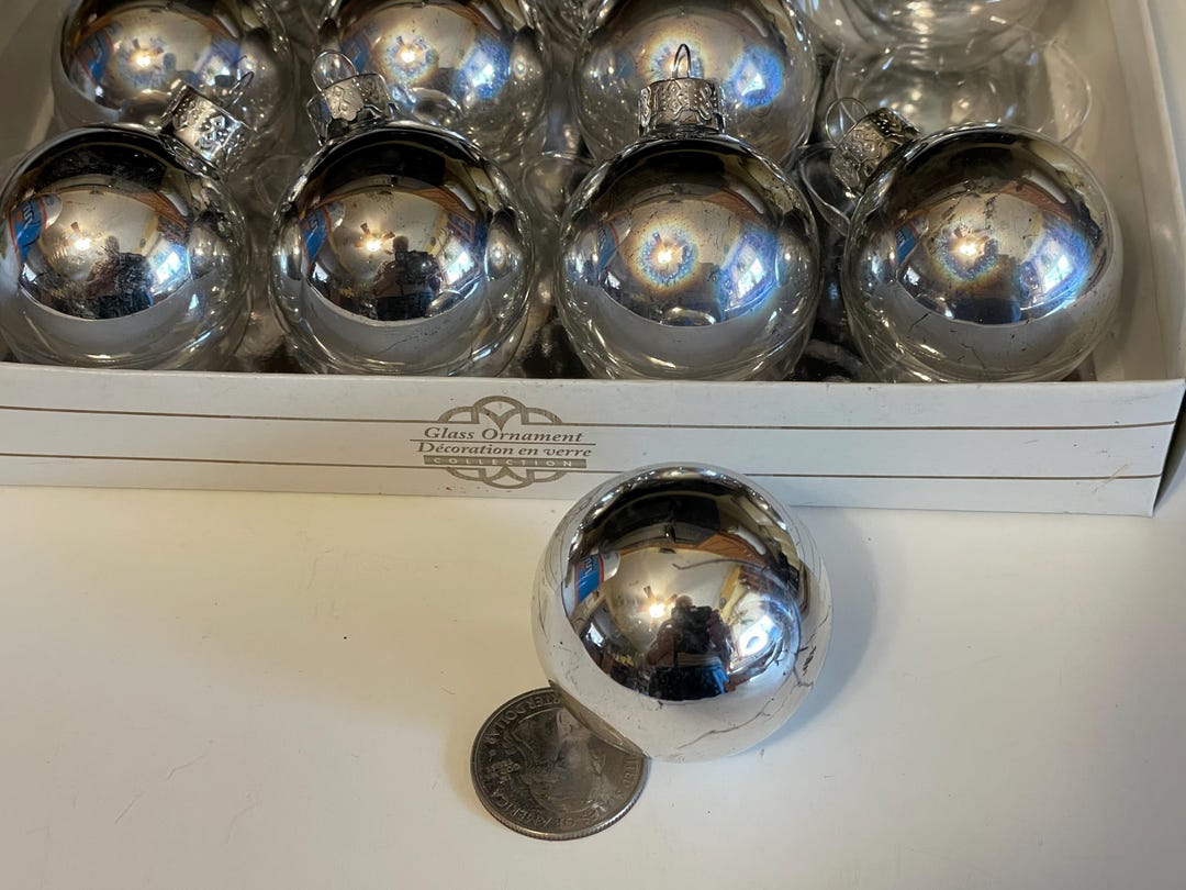 Set of 12 Vintage Shiny Silver Color Glass Christmas Balls, 1.5 Inch ...