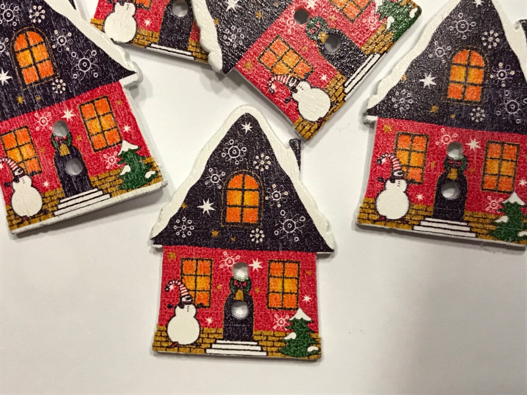 5 Wood Winter Theme House Buttons, 25 X 35 Mm B9 - Etsy