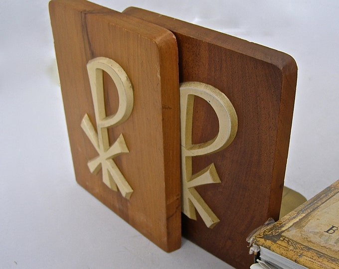 VINTAGE Wood Bookends Christianity Cruciform Labarum Symbol of Jesus ...