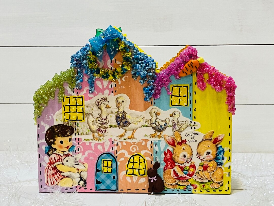 Easter Village Houses, Wooden Block Houses, Easter Decoration, Glitter ...