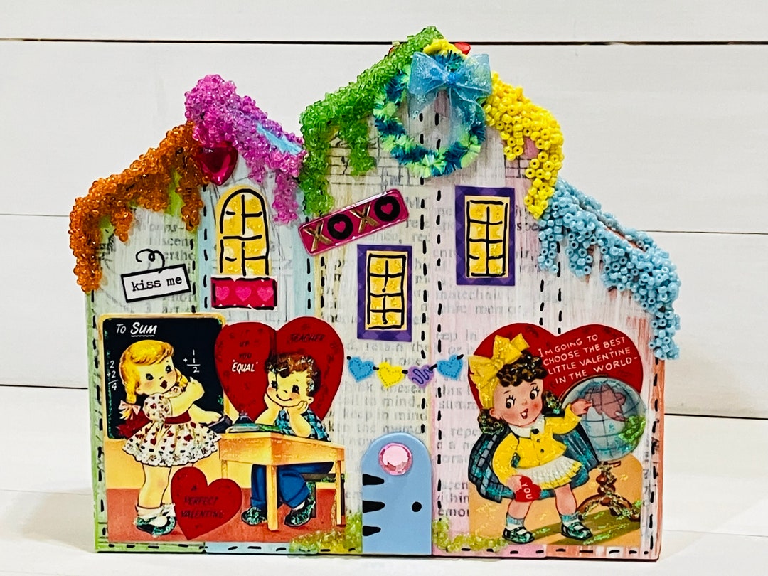 Valentine Village, Wooden Block Houses, Valentine Decoration, Glitter ...