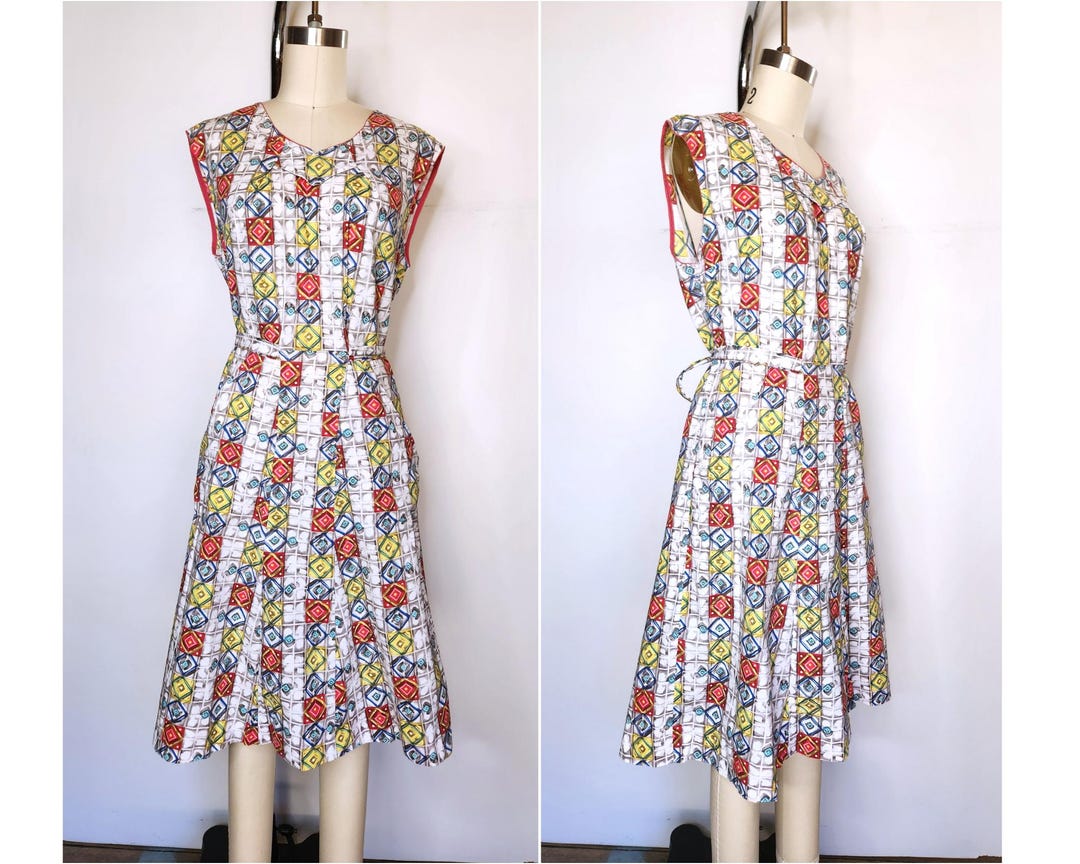 Vintage Apron Dress With Pockets - 40s Cotton Dress - Handmade Dress ...
