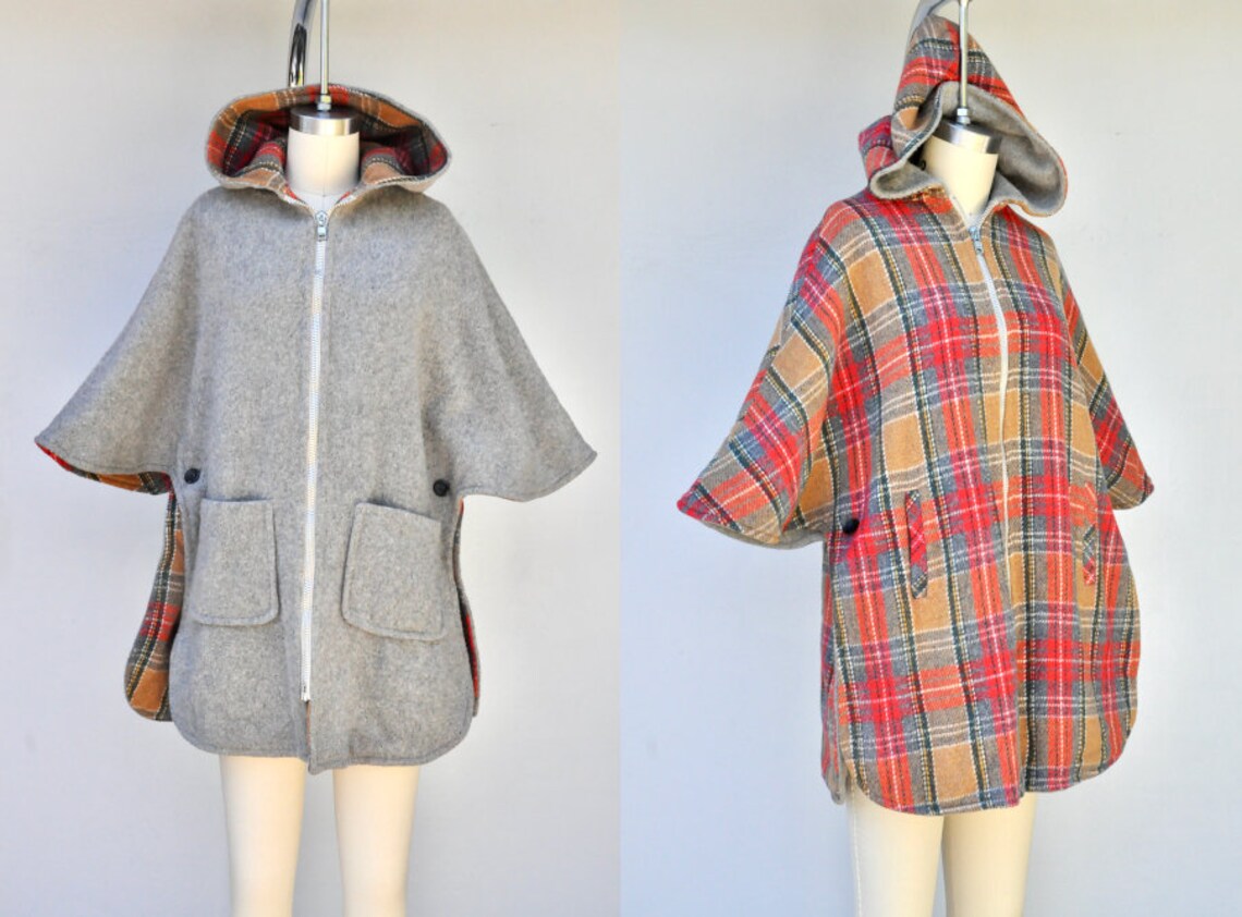 REVERSIBLE Hooded Poncho Wool Cloak Cape Wool Poncho | Etsy