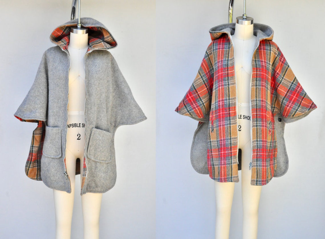 REVERSIBLE Hooded Poncho Wool Cloak Cape Wool Poncho | Etsy