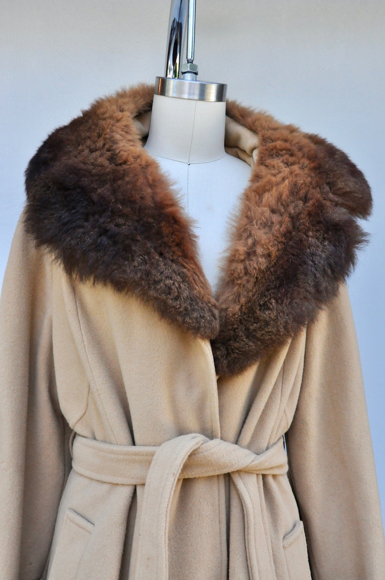 70s Brown Wool Coat With HUGE Wool Fur Collar Belted Coat - Etsy
