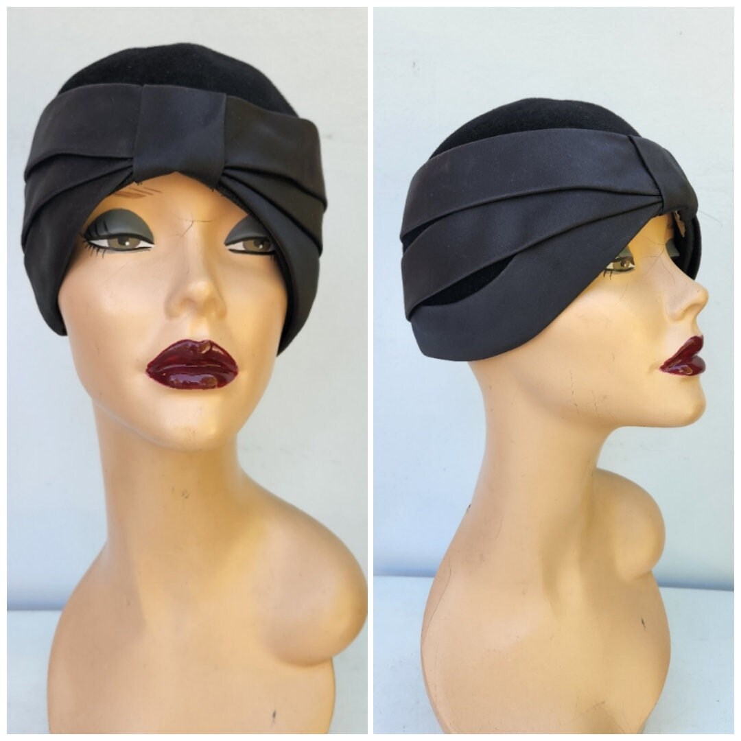 20s 30s Black Turban Hat by Leslie James Vintage Turban Beret Cap ...