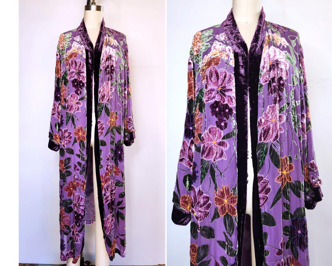 Vintage Silk & Velvet Beaded Duster Coat Cloak Jacket Cape - Floral ...