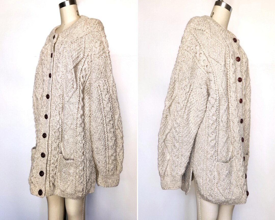 Unisex Chunky Irish Wool Hand Knit Cardigan Sweater - Aran Hand Knitted ...