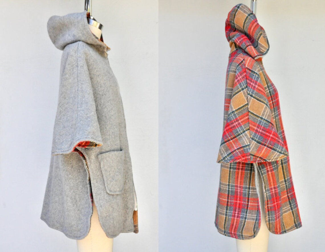 REVERSIBLE Hooded Poncho Wool Cloak Cape Wool Poncho | Etsy