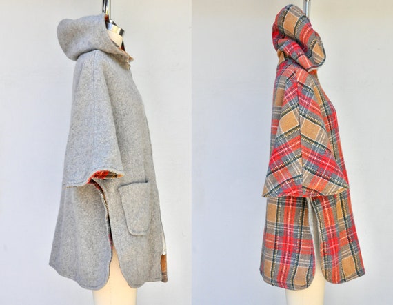 REVERSIBLE Hooded Poncho - Wool Cloak Cape - Wool Pon… - Gem