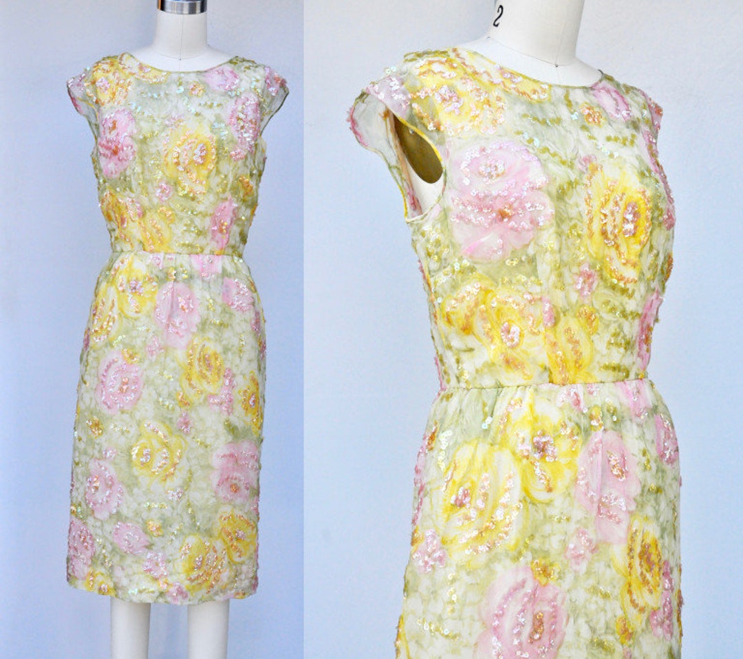 Vintage Nat Kaplan SILK Floral 50s Dress - Sequined and Beaded Silk 50s ...