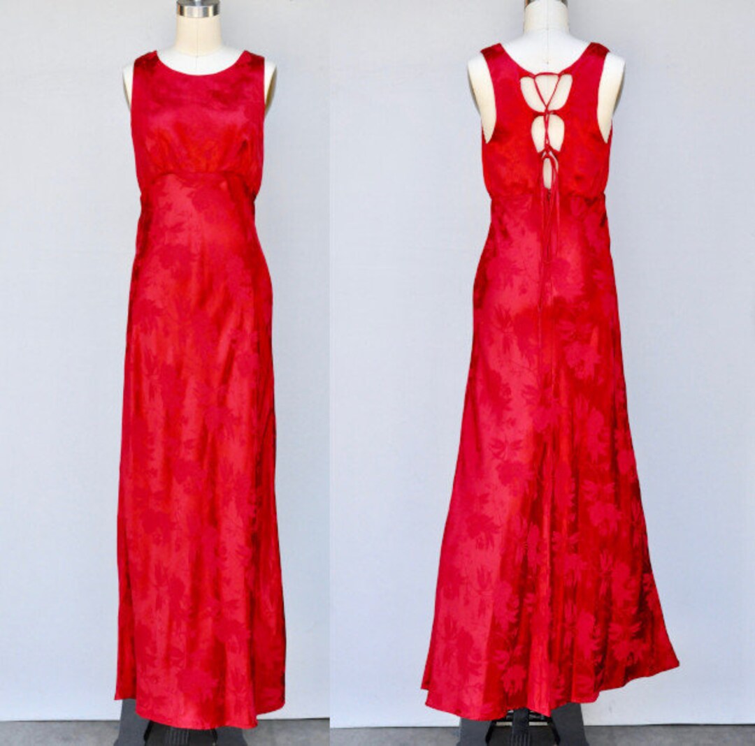 Red Satin Floral Dress Bias Cut Dress Floor Length Dress Drawstring ...