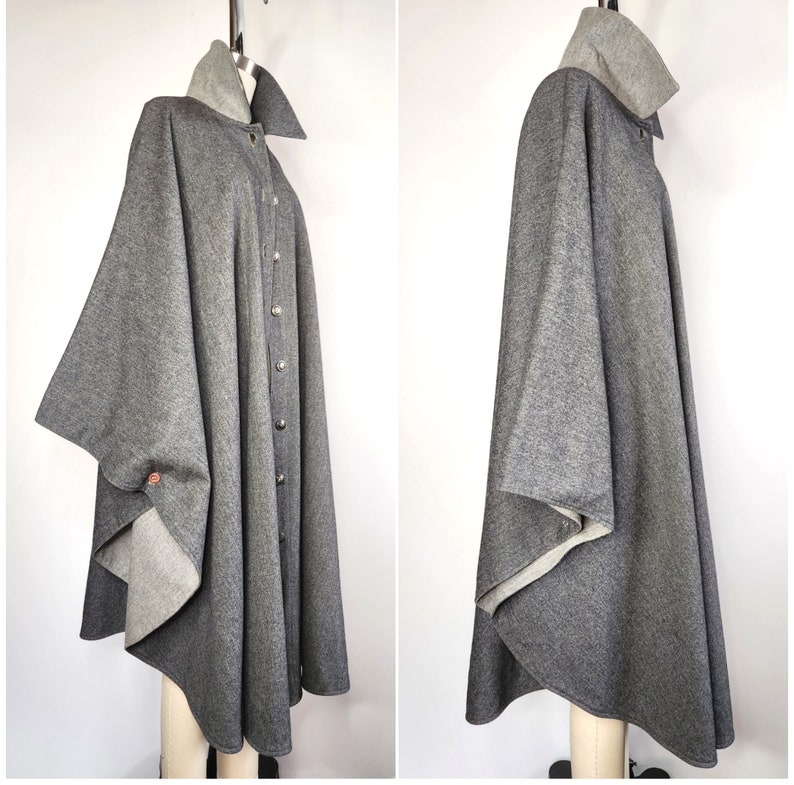 Vintage REVERSIBLE Wool Cloak Cape Poncho - 2 Tones of Gray Wool Cape ...