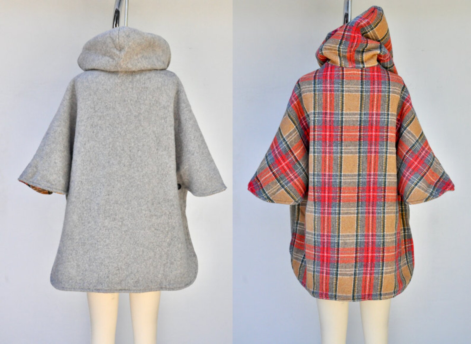 REVERSIBLE Hooded Poncho Wool Cloak Cape Wool Poncho | Etsy