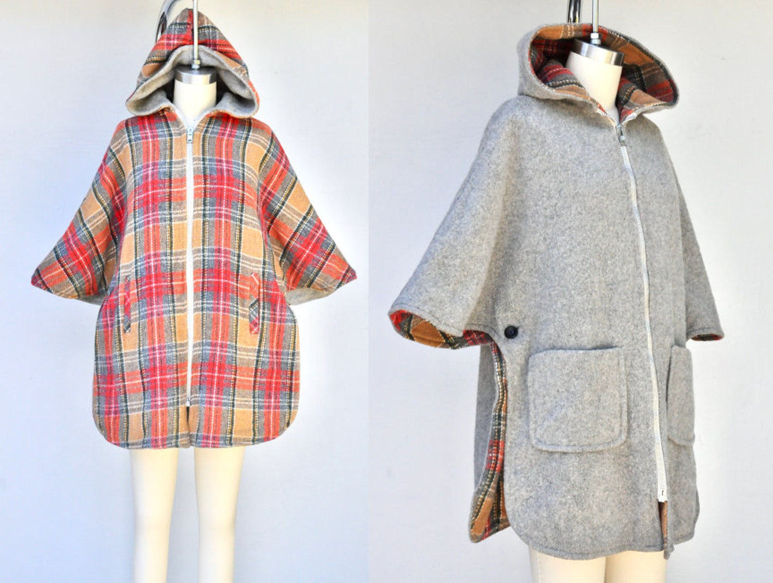 REVERSIBLE Hooded Poncho Wool Cloak Cape Wool Poncho - Etsy