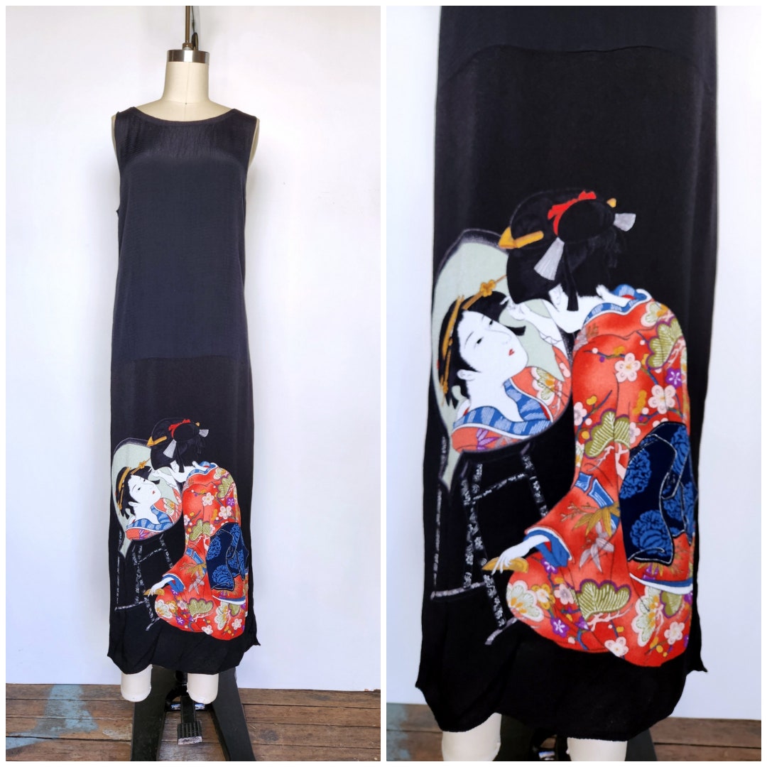 Vintage Asian Dress - Long Maxi Dress - Geisha Print Dress - Novelty ...