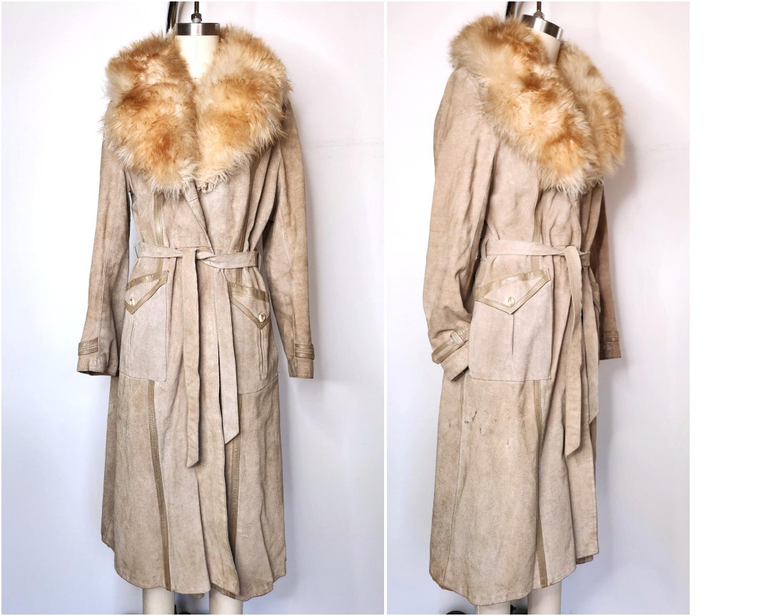 Vintage 70s Leather Suede & SHEARLING Fur Collar Coat Belted Trench ...