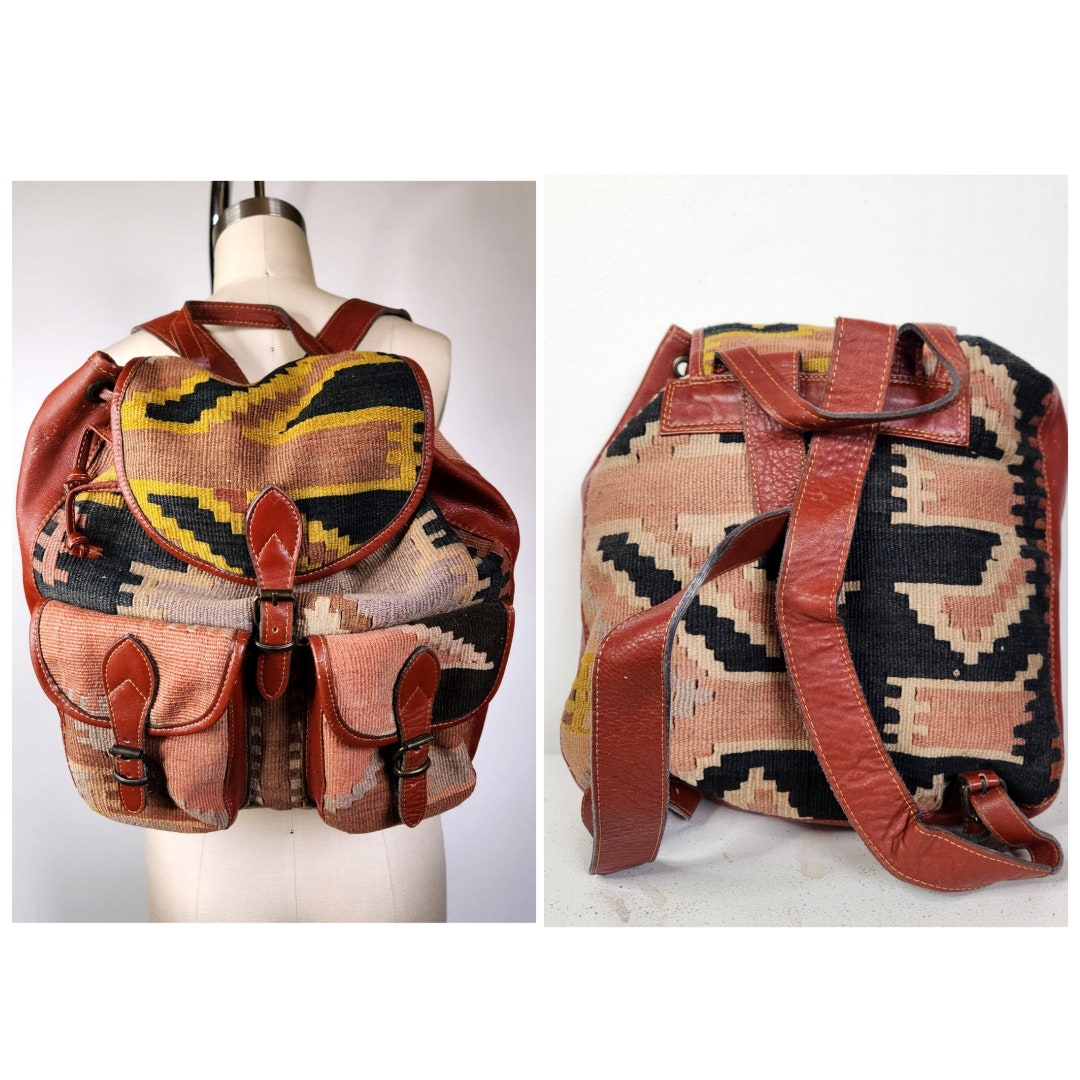 Vintage Kilim Backpack - Kilim & Leather Backpack - Carpet Bag Backpack ...