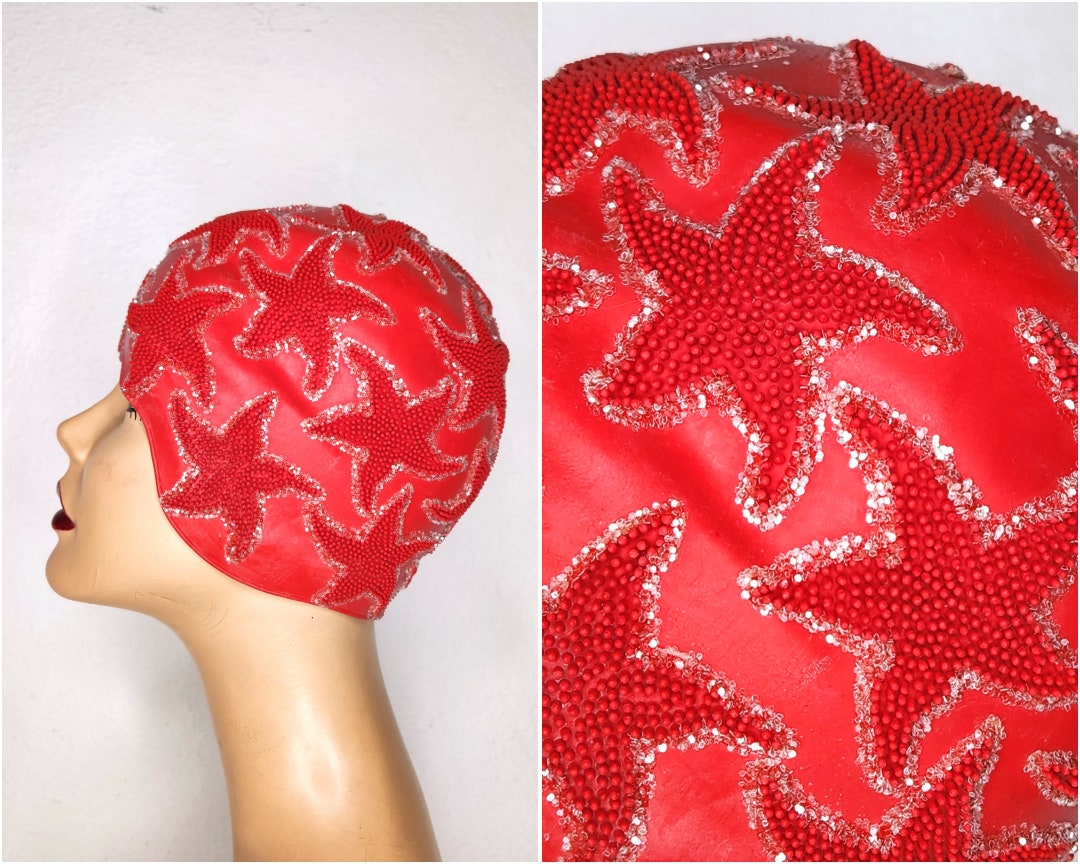 Swim Cap Starfish Rubber Bathing Cap - Vintage 50s 60s Red Raised ...