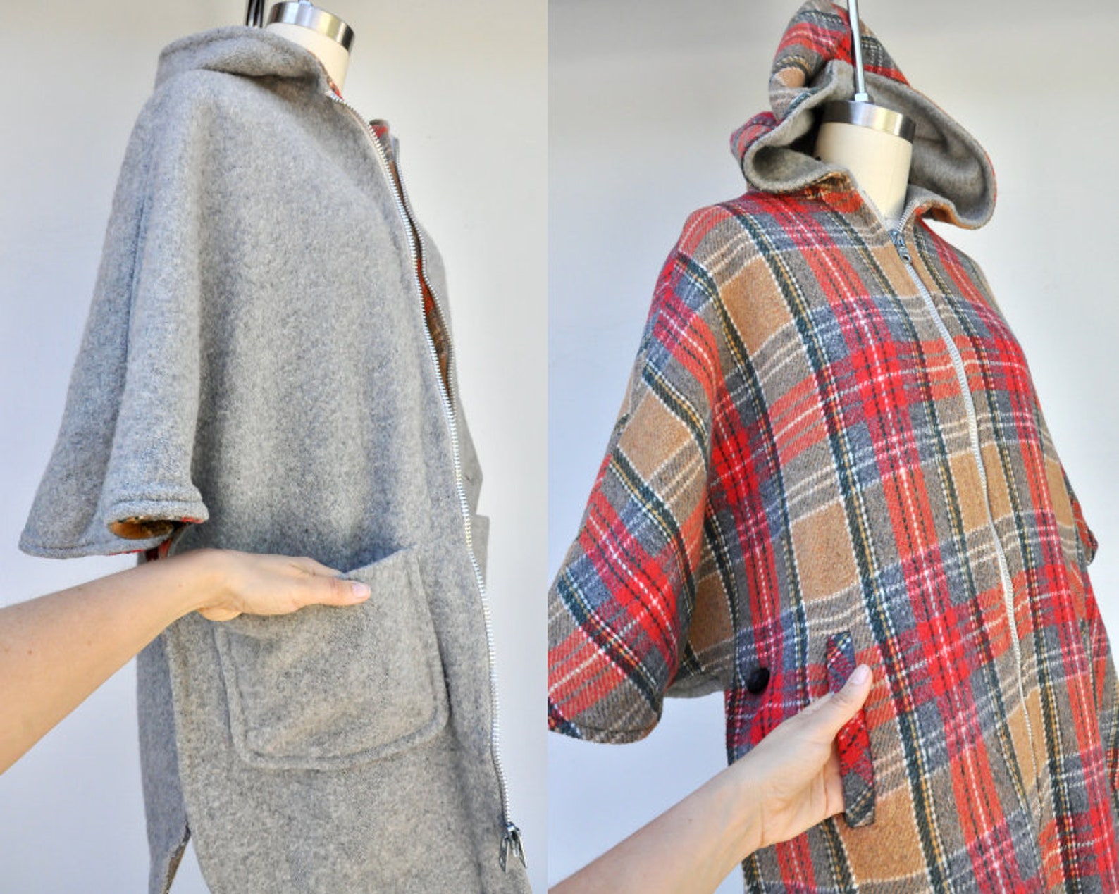 REVERSIBLE Hooded Poncho Wool Cloak Cape Wool Poncho | Etsy