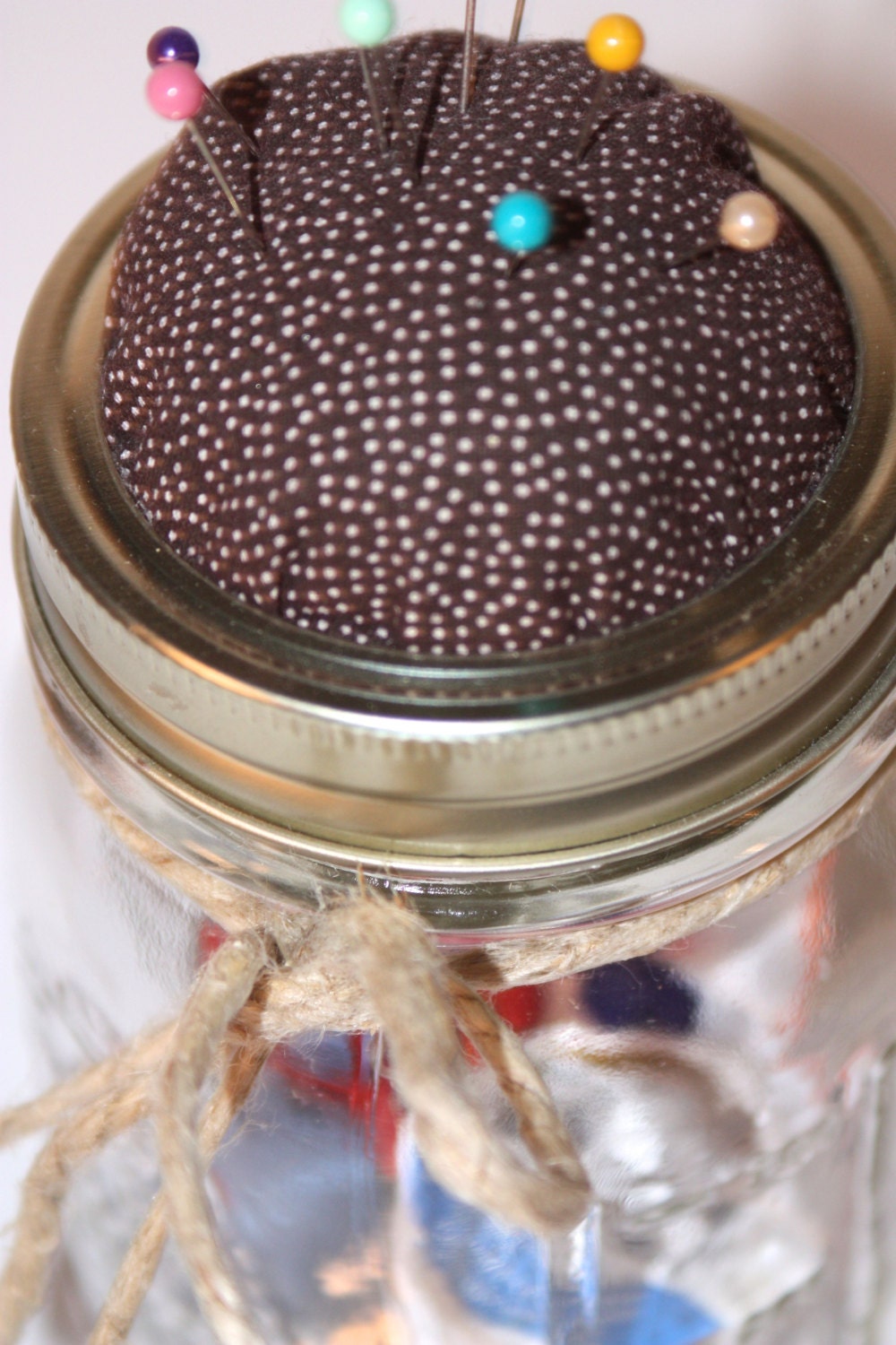 Mason Jar Sewing Kit, Blue and White Flowered OR Brown Polka Dotted Pin ...
