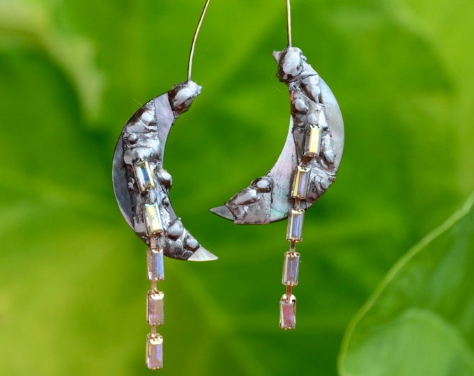 MOP Crescent Moon Focal Beads, Artisan Earring Pair Charms, Rustic ...