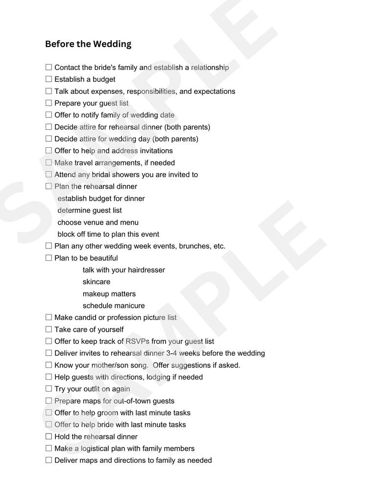 Mother of the Groom Ultimate Wedding Checklist | 7 Pages - Etsy