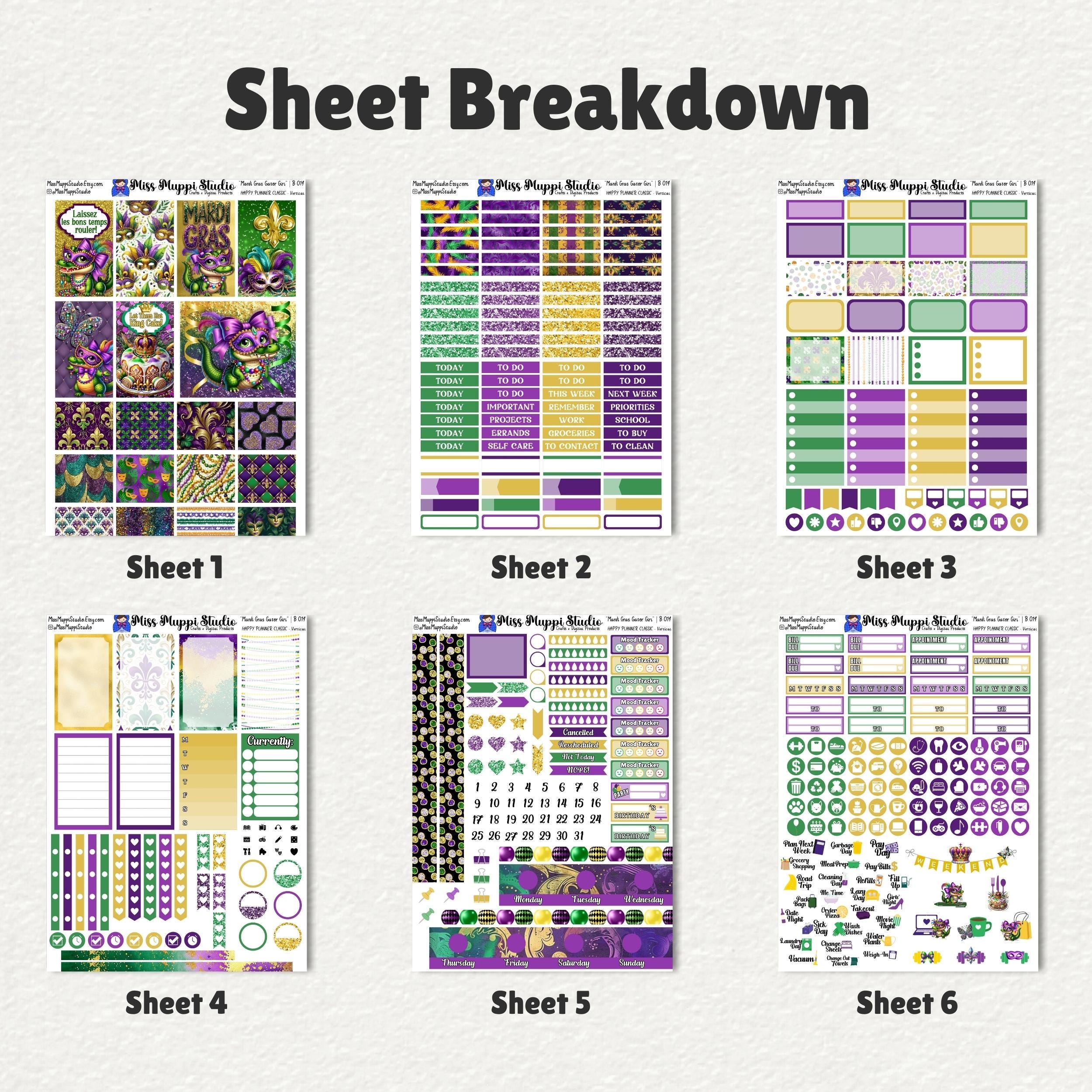 Printable Stickers for Classic Happy Planner - Mardi Gras Alligator ...