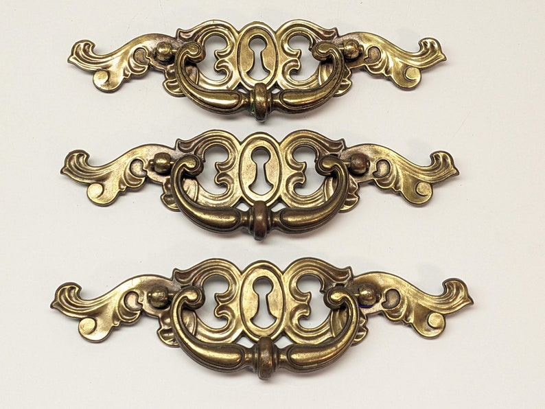 Set of 3 Vintage Large Solid Brass Drop Bail Pull Handles With Keyholes ...