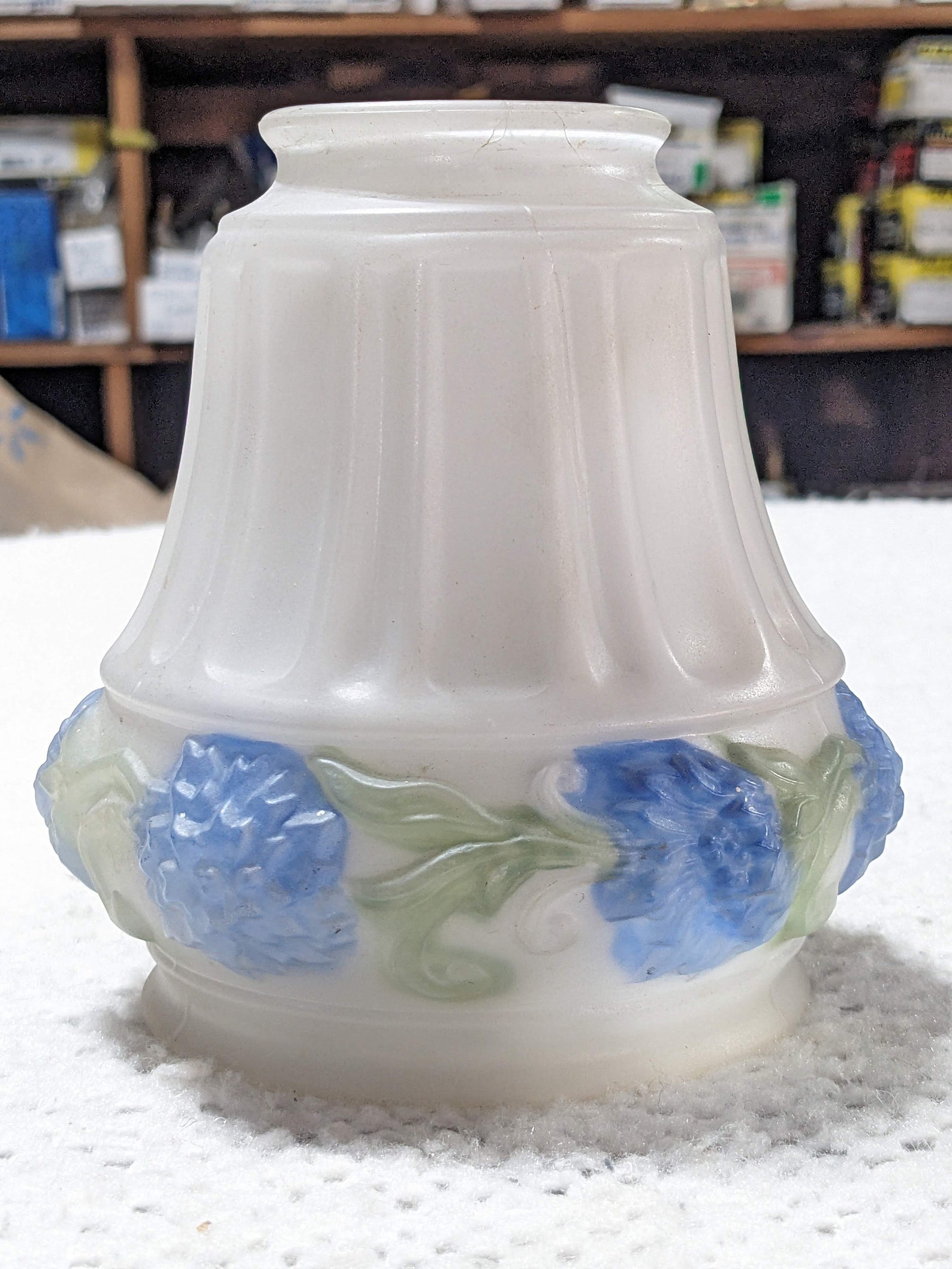 Vintage Frosted Glass Lamp Shade Reverse Hand Painted Blue Flowers With ...