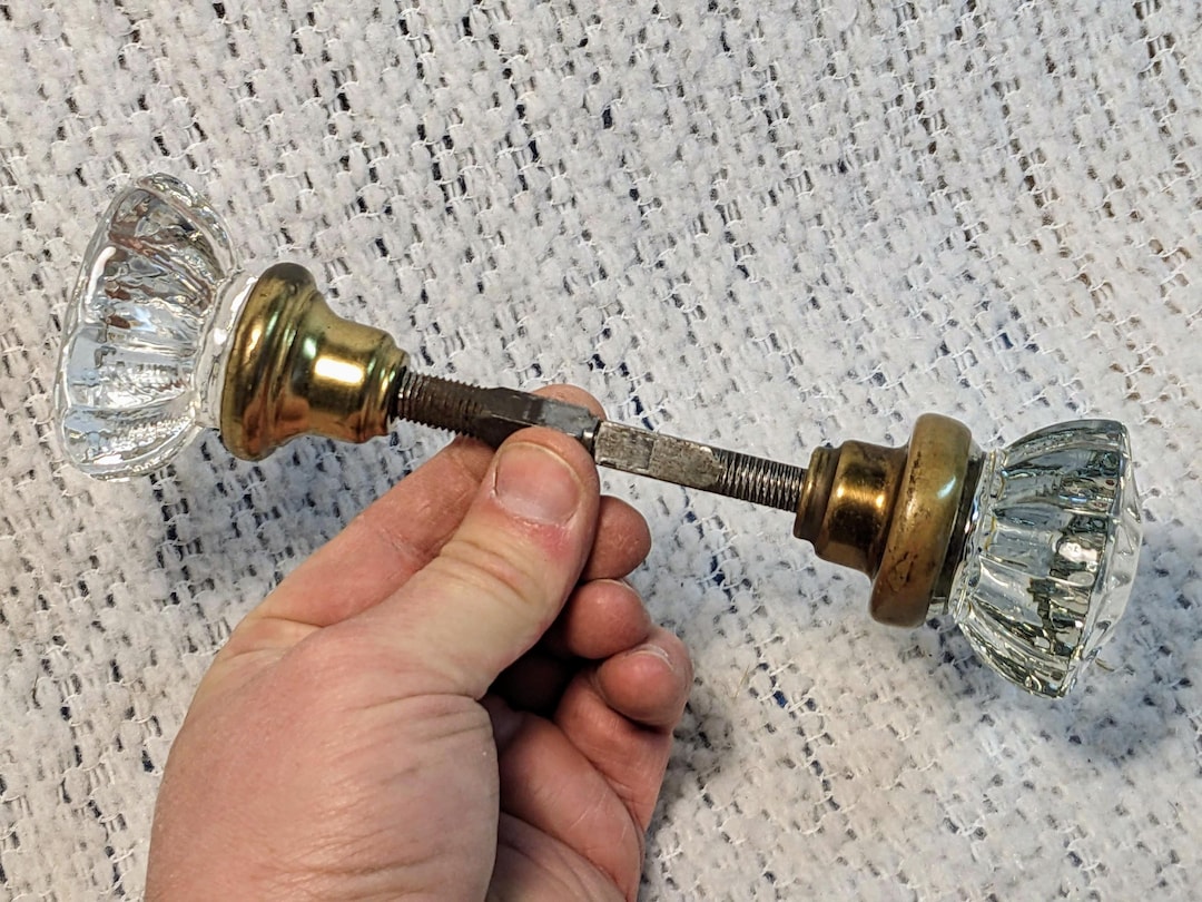 Vintage Pair of Clear Crystal Glass & Brass Door Knobs on Split Privacy ...