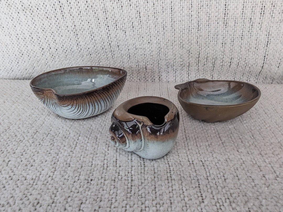 Set of 3 Peter Pots Glazed Stoneware Pottery Shell Bowls & Condiment ...