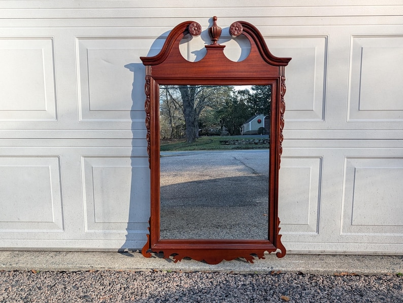 Vintage Mahogany Chippendale Mirror - Scrolled Pediment Top + Finial ...