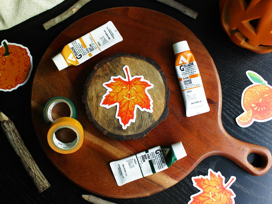 Happy Maple Leaf Waterproof Vinyl Sticker, Halloween Jack-o-lantern ...