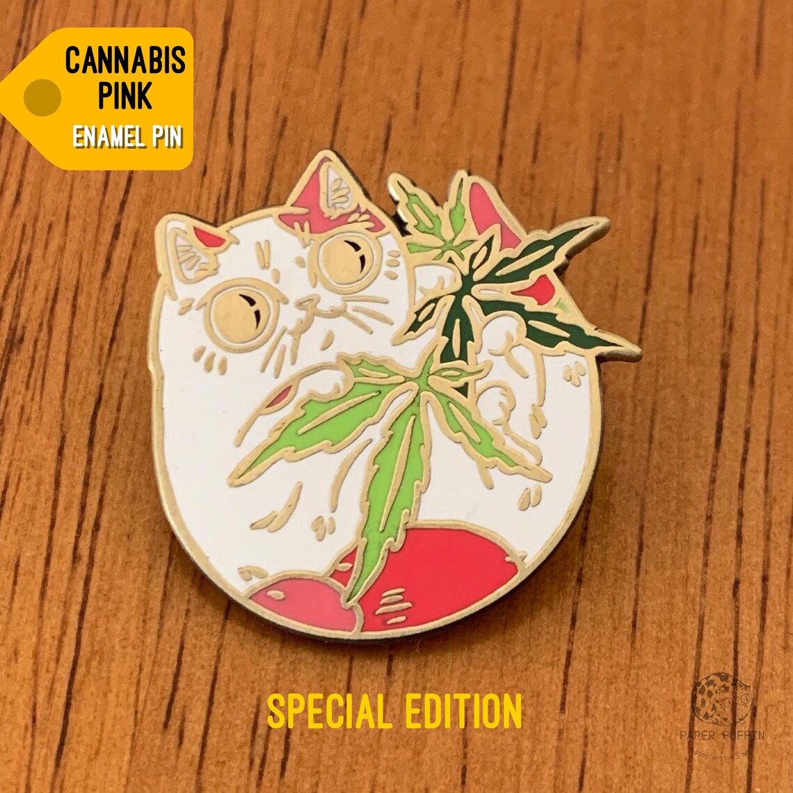 Cannabis Cat Enamel Pin by Paper Puffin Calico Cat W Green - Etsy