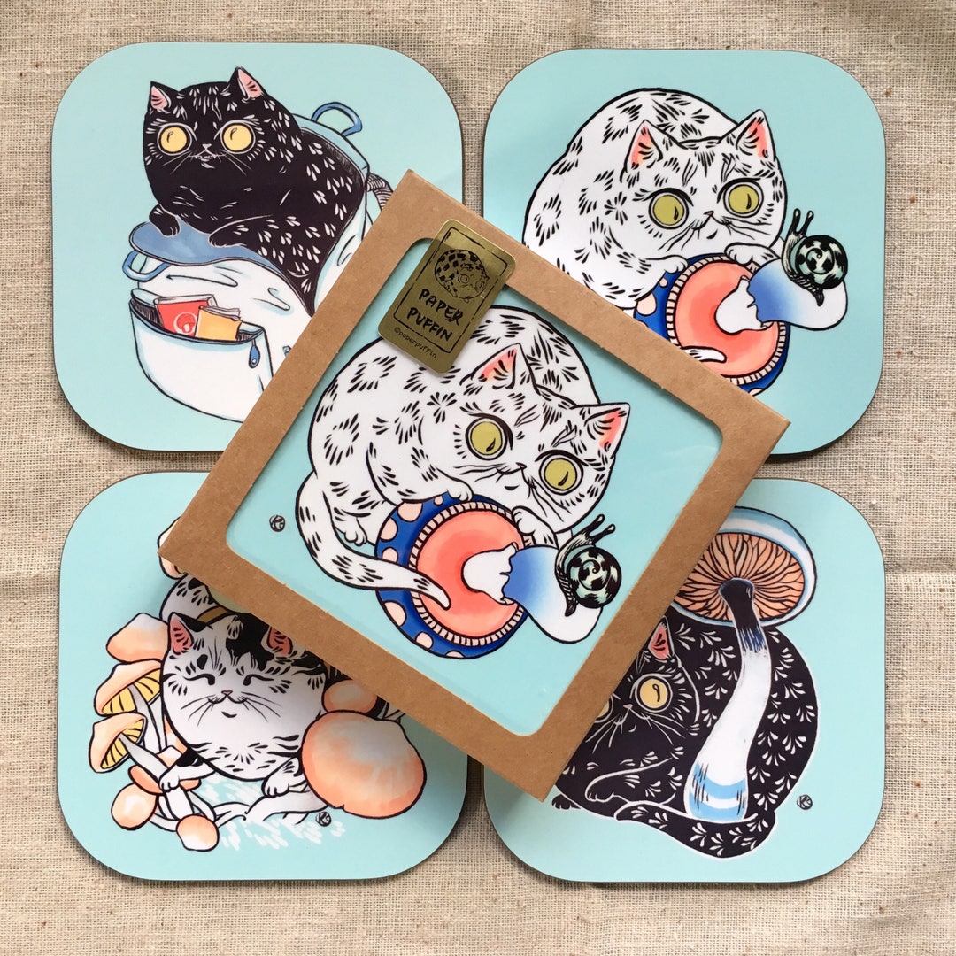 Coasters mushroom Forager Cats Set of 4 Coasters - Etsy