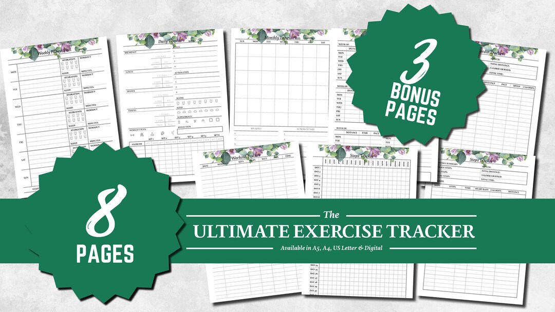 Exercise Tracker Printable Bundle Fitness Planner Daily Weekly Monthly ...