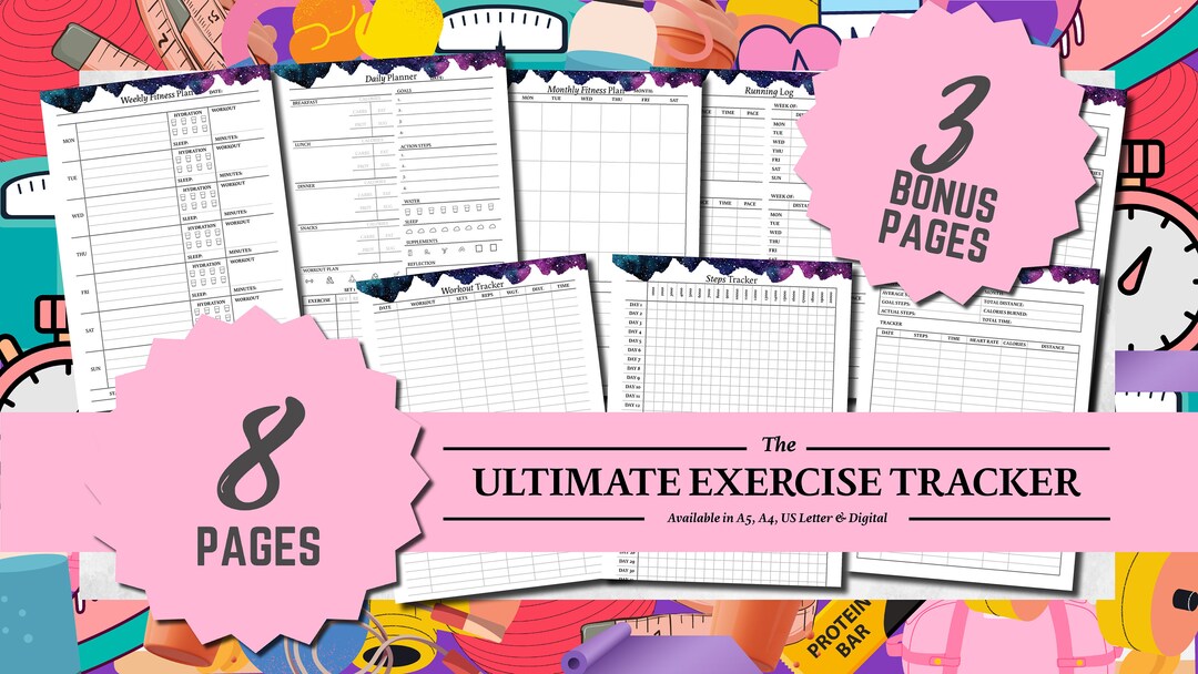 Exercise Tracker Printable Bundle Fitness Planner Daily Weekly Monthly ...