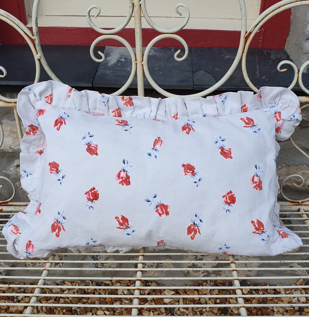 Frilled Cushion Vintage Canvas Fabric Red Roses Pillow - Etsy