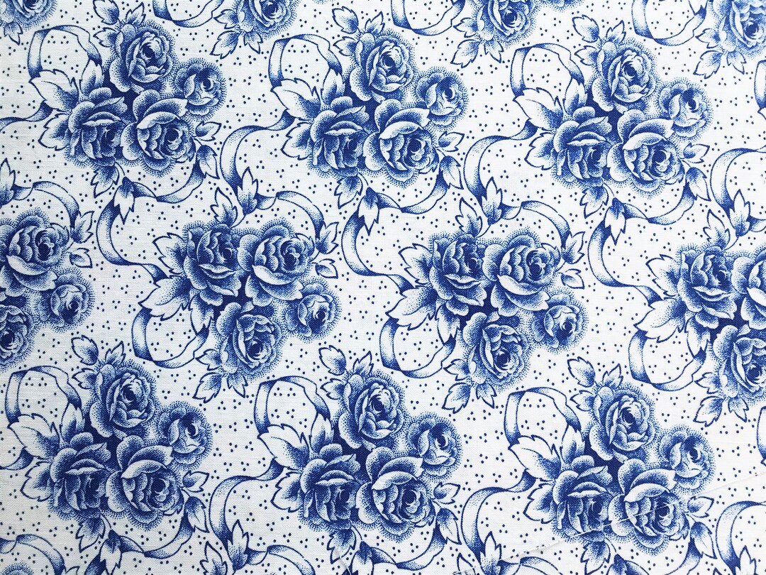 Vintage French Fabric Antique Fabric French Floral Fabric Blue Roses ...