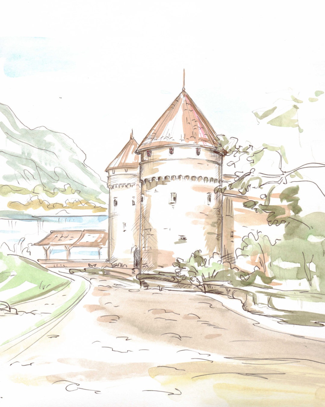 Chillon Castle, Switzerland Original Watercolor Giclee Print/ Europe ...