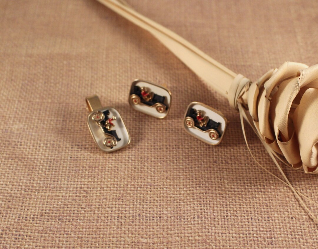 Swank Gold Tone Antique Car Tie Clasp and Cuff Links - Vintage 1960s - Etsy