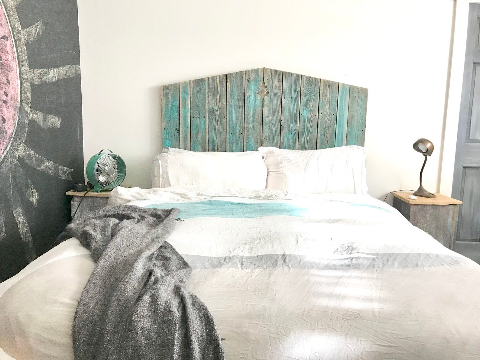 Grey/turquoise Cottage Headboard Wood Beach With Custom Cutout - Etsy
