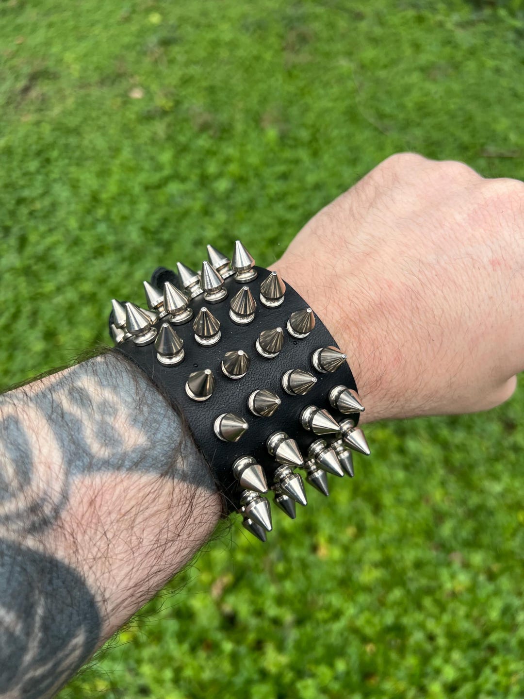 Four Row Leather Punk Spike Bracelet With Two Straps - Etsy