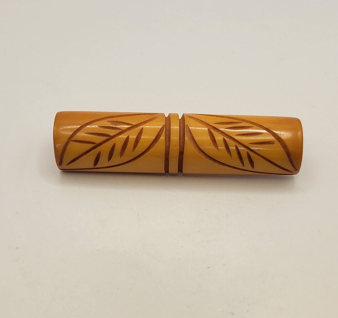 Vintage Mustard Yellow Bakelite Pin With Leaf Carvings - Butterscotch ...