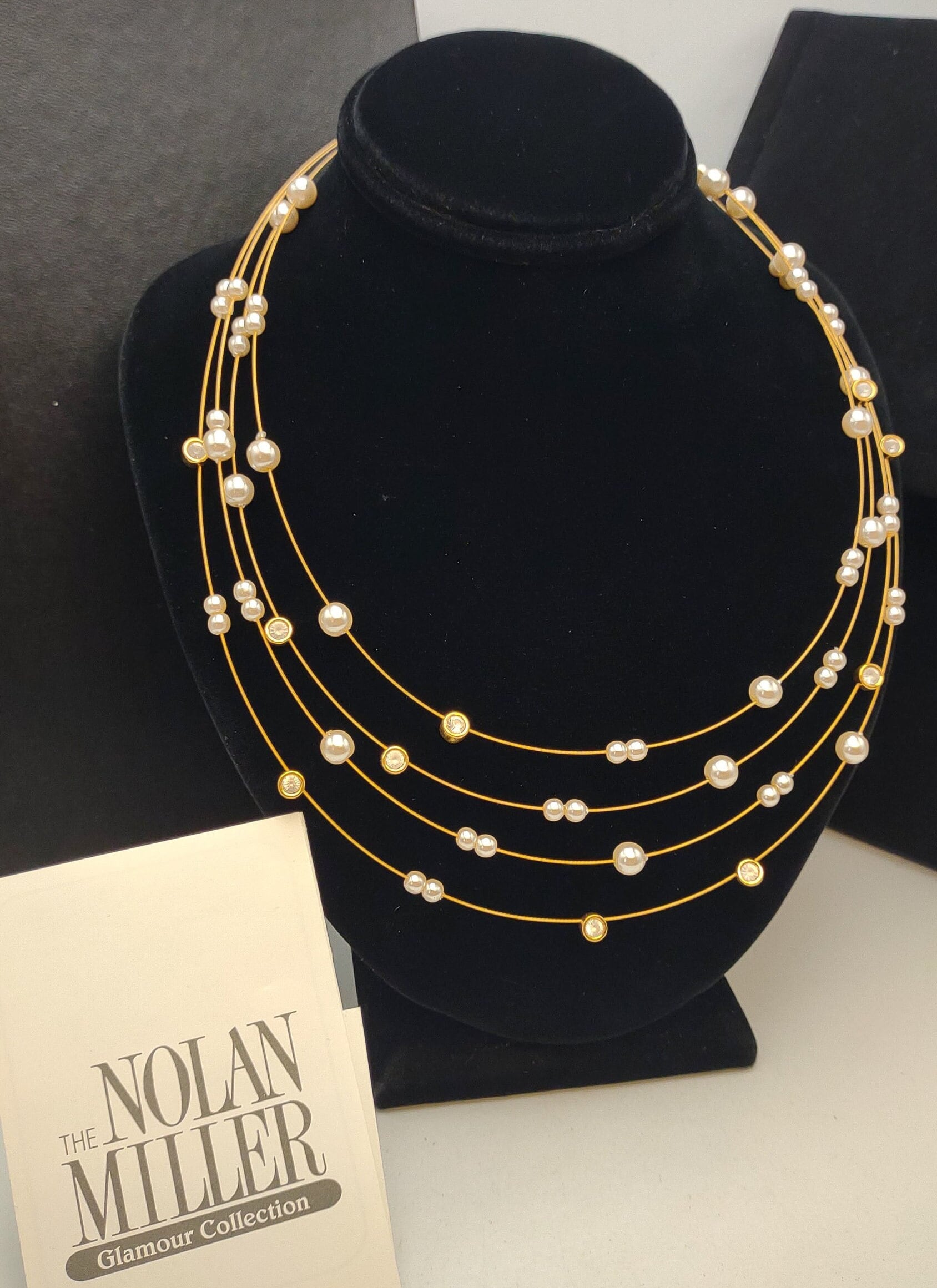 Vintage Nolan Miller Faux Pearl Crystal Necklace - 4 Strand Designer ...