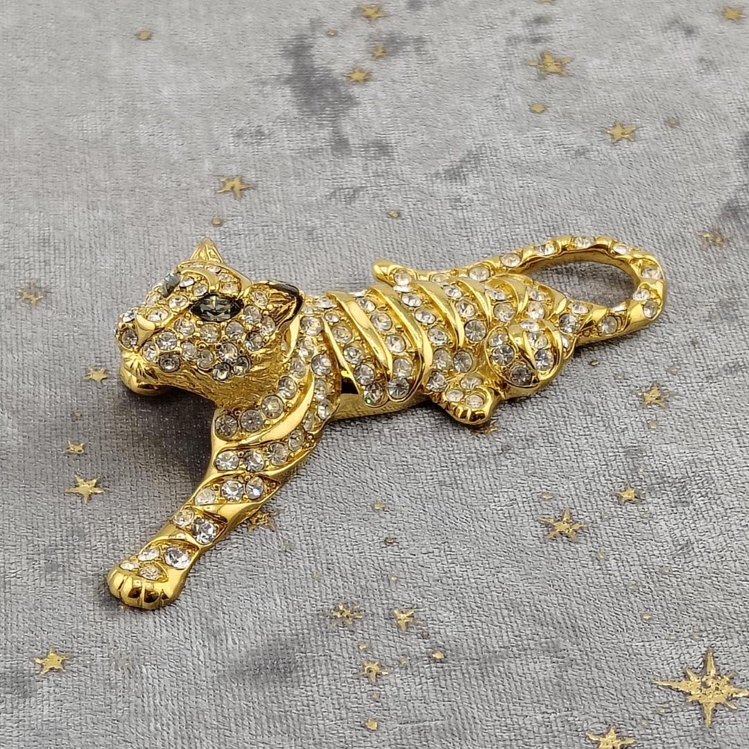 Vintage Trifari Rhinestone Tiger Brooch: 1990s Gold Tone Pave Crystal ...