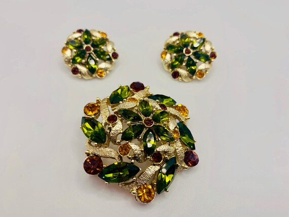 Vintage Olive Green and Golden Yellow Rhinestone Pin … - Gem