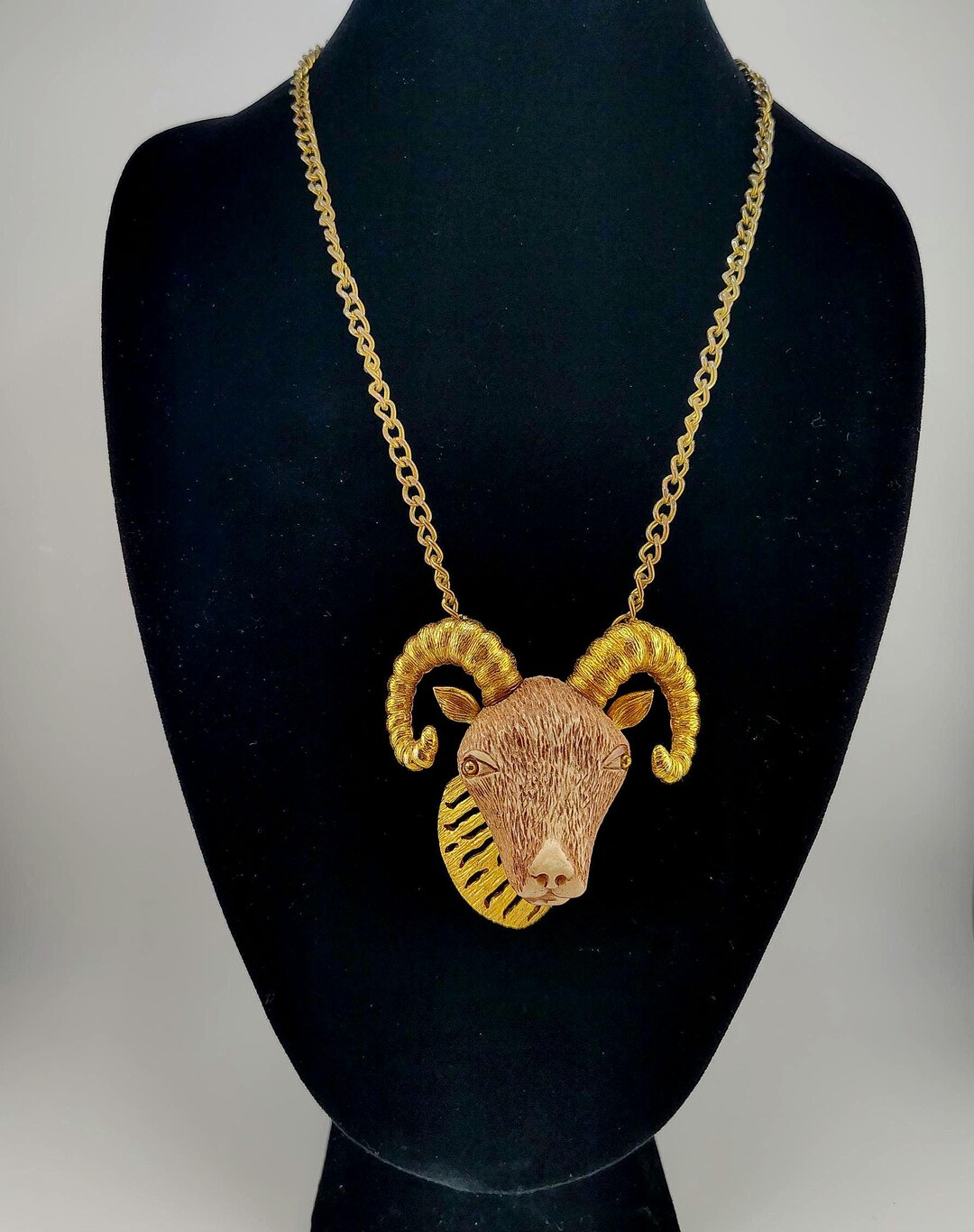 1970s Vintage RAZZA Ram Statement Pendant Necklace- 3D Ram Head Aires ...